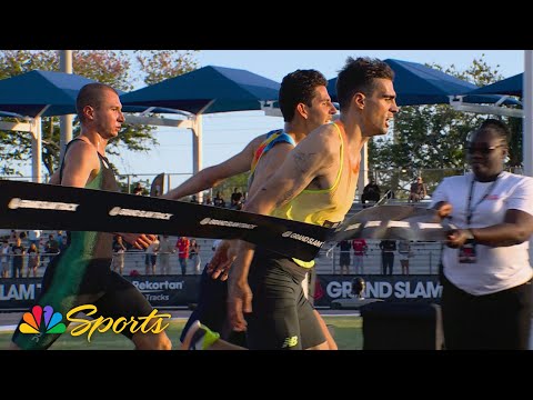 Andrew Coscoran STORMS past Grant Fisher late for 3000m win at Grand ...